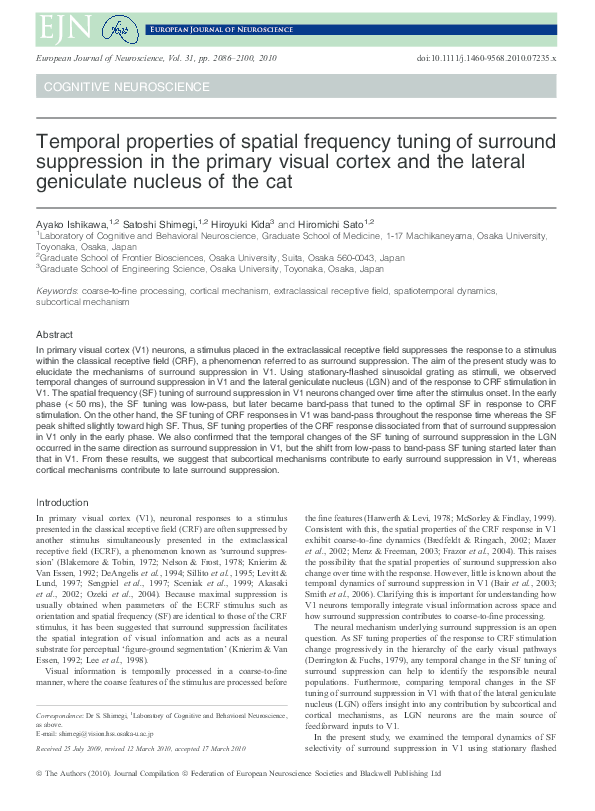(PDF) Temporal properties of spatial frequency tuning of surround suppression in the primary ...