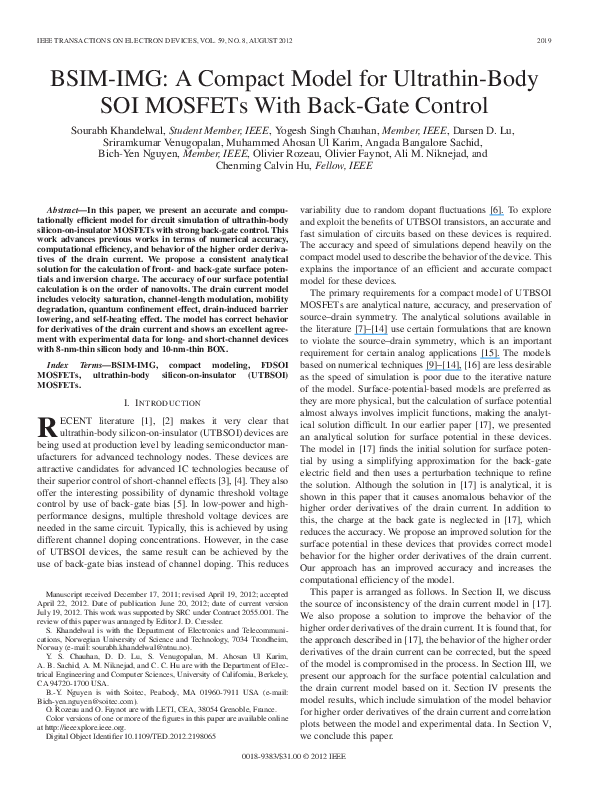 (PDF) BSIM-IMG: A Compact Model for Ultrathin-Body SOI MOSFETs With ...