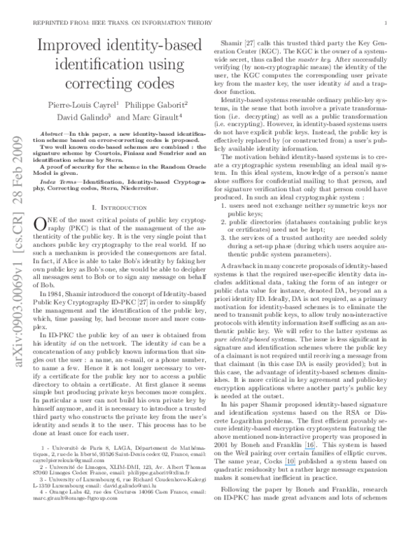 (PDF) Improved identity-based identification using correcting codes