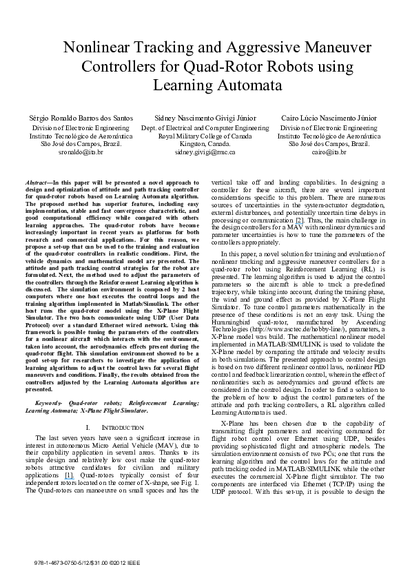 (PDF) Nonlinear tracking and aggressive maneuver controllers for quad-rotor robots using ...