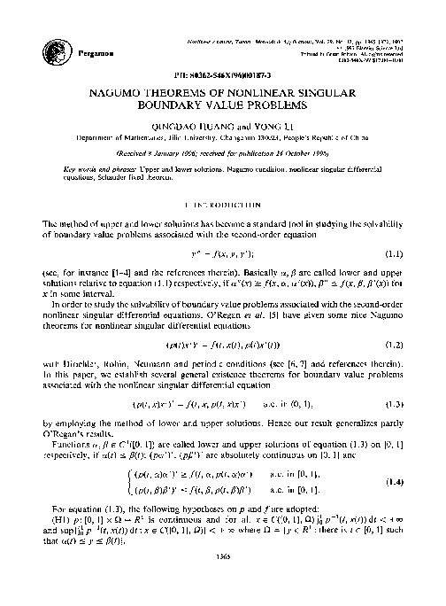 (PDF) Nagumo theorems of nonlinear singular boundary value problems