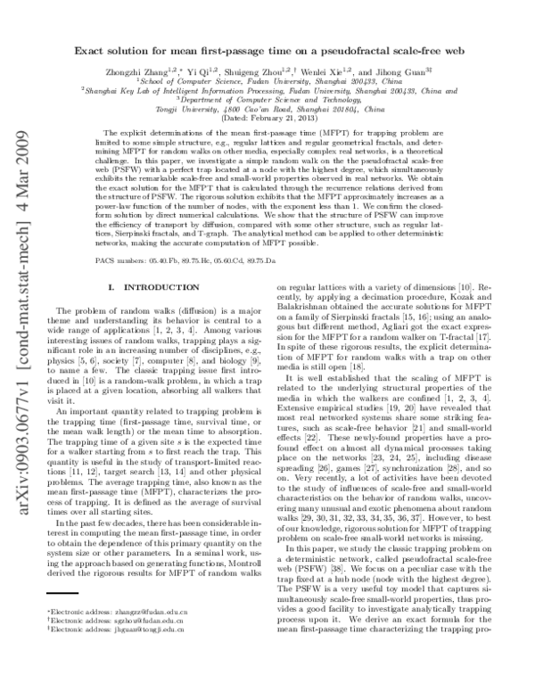 Pdf Exact Solution For Mean First Passage Time On A Pseudofractal Scale Free Web