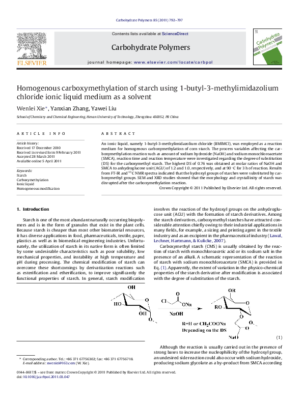 (PDF) Homogenous carboxymethylation of starch using 1-butyl-3 ...