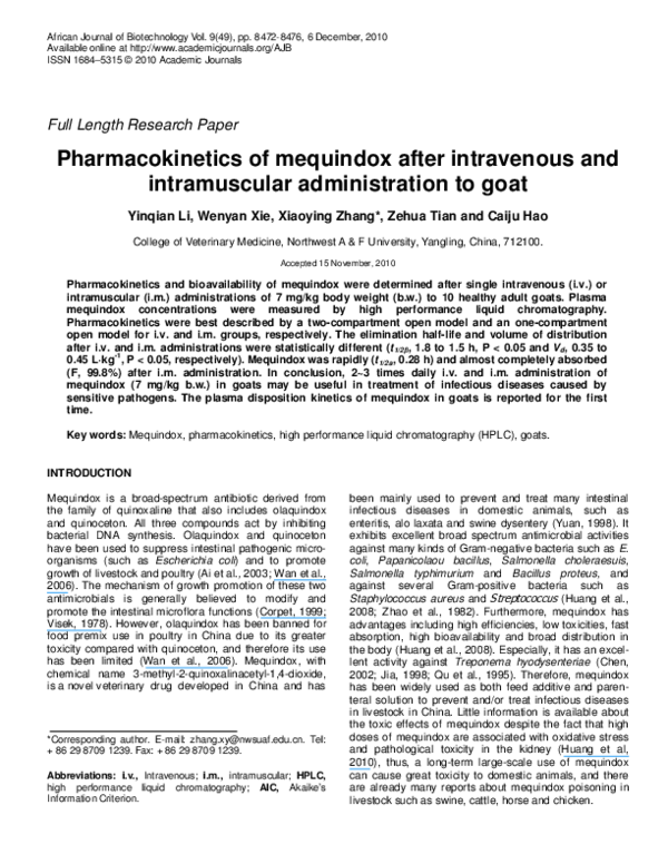 (PDF) Pharmacokinetics of mequindox after intravenous and intramuscular ...