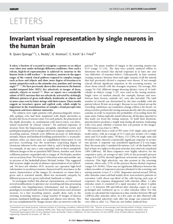 Pdf Invariant Visual Representation By Single Neurons In The Human Brain