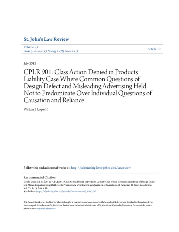 (PDF) CPLR 901: Class Action Denied in Products Liability Case Where ...