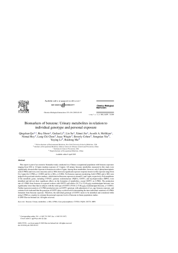 (PDF) Biomarkers of benzene: Urinary metabolites in relation to ...