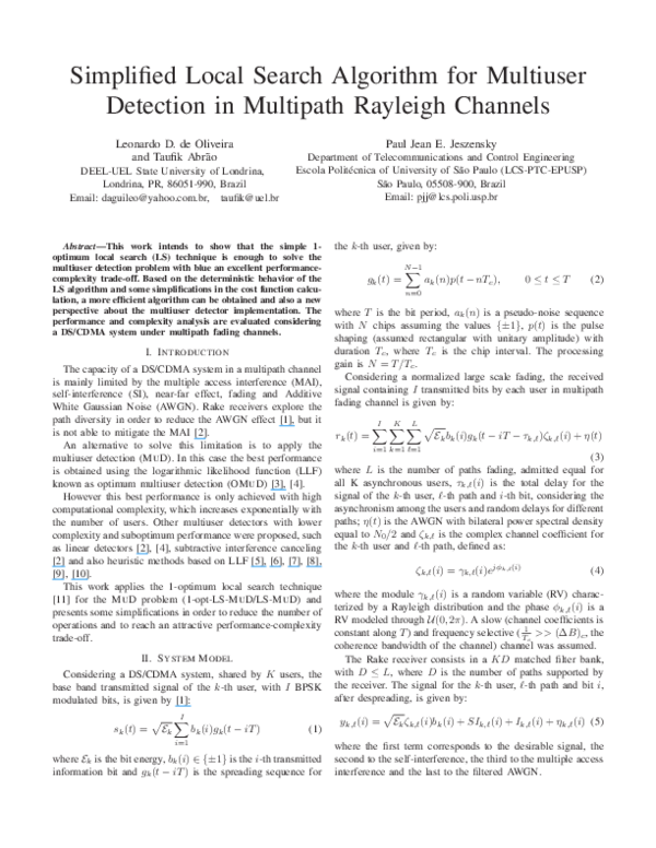 (PDF) Simplified Local Search Algorithm for Multiuser Detection in Multipath Rayleigh Channels