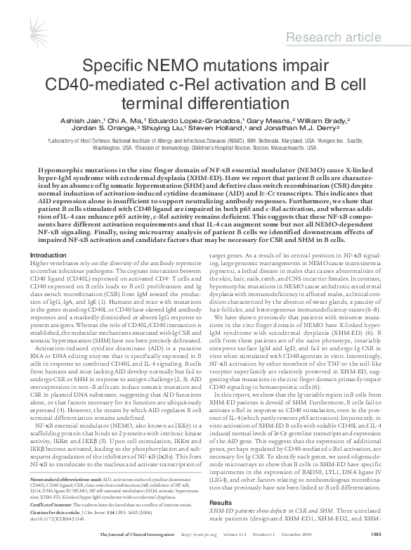 (PDF) Specific NEMO mutations impair CD40-mediated c-Rel activation and ...