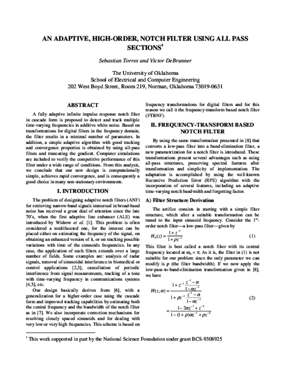 (PDF) An adaptive, high-order, notch filter using all pass sections