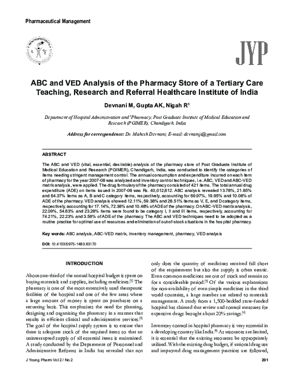 (PDF) ABC and VED analysis of the pharmacy store of a tertiary care ...