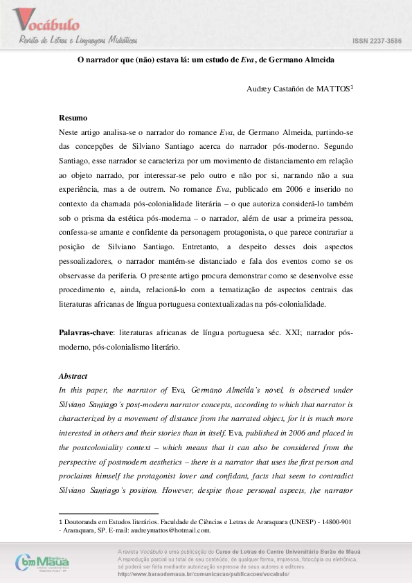 (PDF) O narrador que (não) estava lá: um estudo de Eva, de Germano Almeida