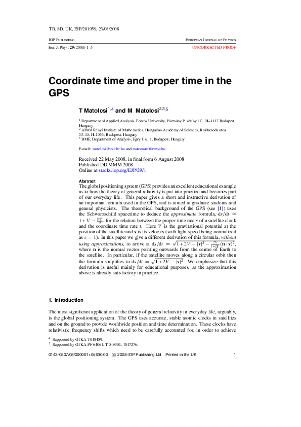 (PDF) Coordinate time and proper time in the GPS