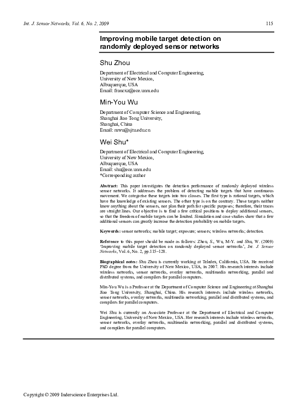 Pdf Improving Mobile Target Detection On Randomly Deployed Sensor