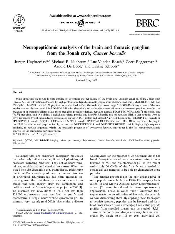 (PDF) Neuropeptidomic analysis of the brain and thoracic ganglion from ...