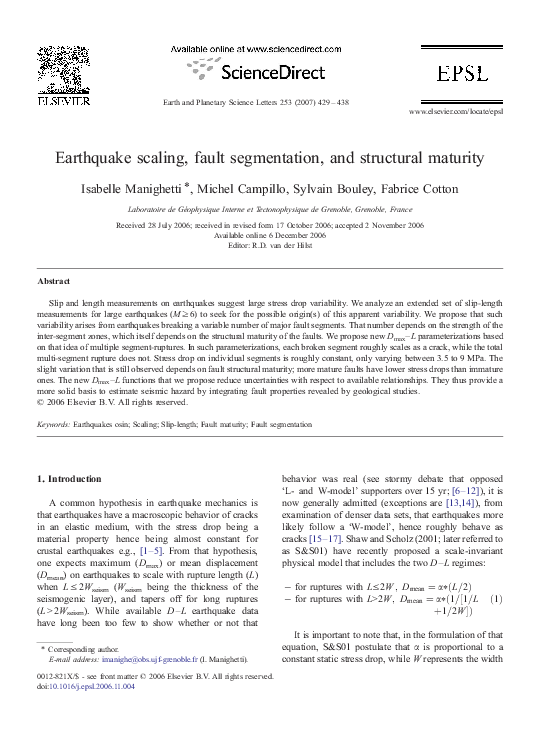 (PDF) Earthquake scaling, fault segmentation, and structural maturity
