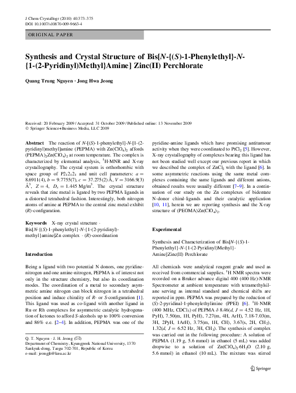 (PDF) Synthesis and Crystal Structure of Bis[ N -{( S )-1-Phenylethyl ...
