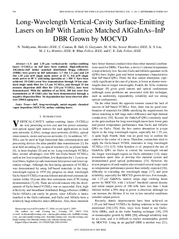 (PDF) Long-wavelength vertical-cavity surface-emitting lasers on InP with lattice matched ...