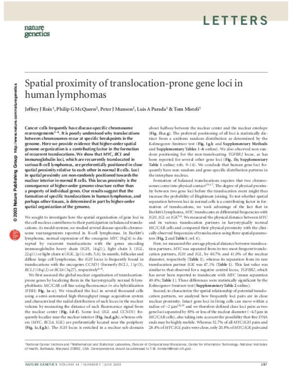 (PDF) Spatial proximity of translocation-prone gene loci in human lymphomas