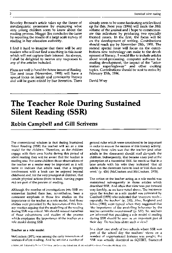 (PDF) The Teacher Role During Sustained Silent Reading (SSR