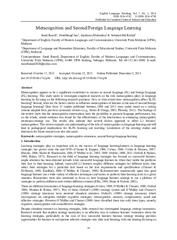 (PDF) Metacognition and Second/Foreign Language Learning