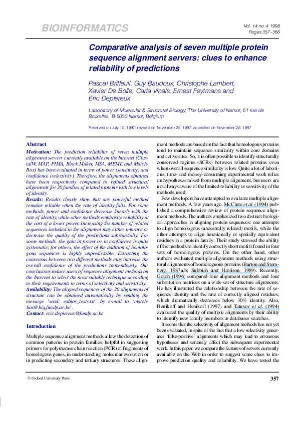 Pdf Comparative Analysis Of Seven Multiple Protein Sequence Alignment Servers Clues To