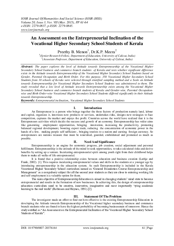 (PDF) An Assessment on the Entrepreneurial Inclination of the ...
