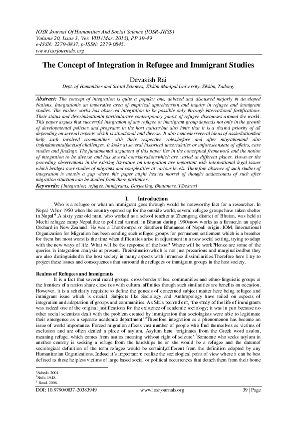 (PDF) The Concept of Integration in Refugee and Immigrant Studies