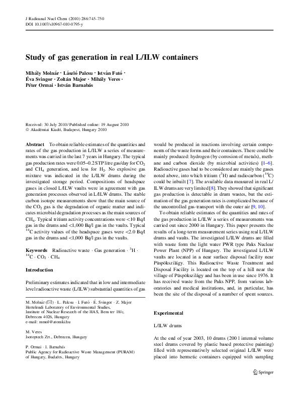 (PDF) Study of gas generation in real L/ILW containers