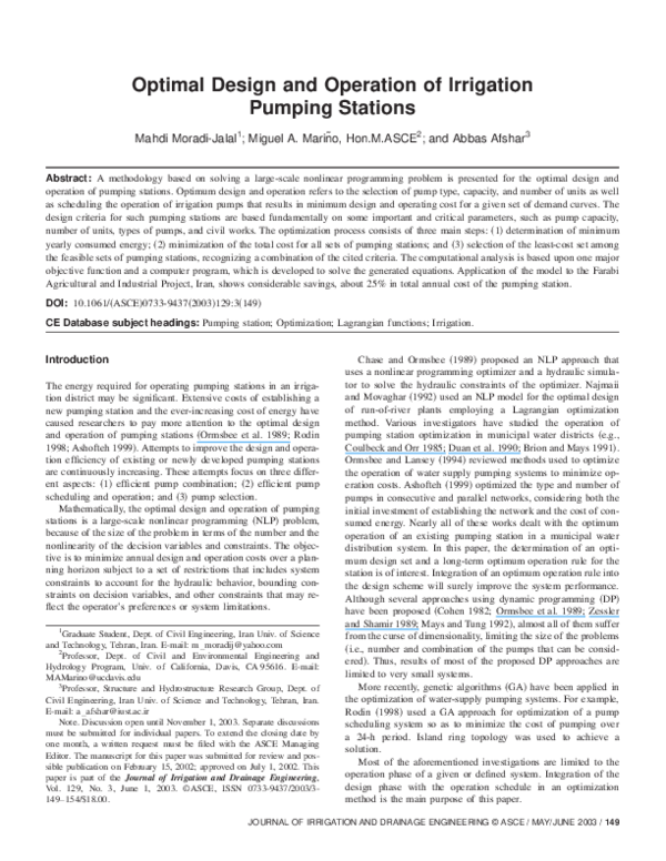 (PDF) Optimal design and operation of irrigation pumping stations using mathematical programming ...