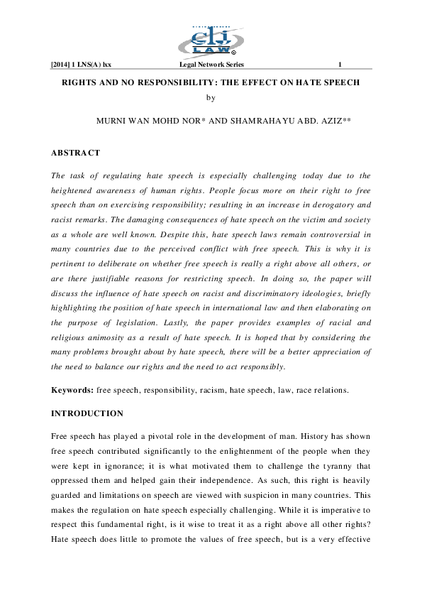 (PDF) RIGHTS AND NO RESPONSIBILITY: THE EFFECT ON HATE SPEECH
