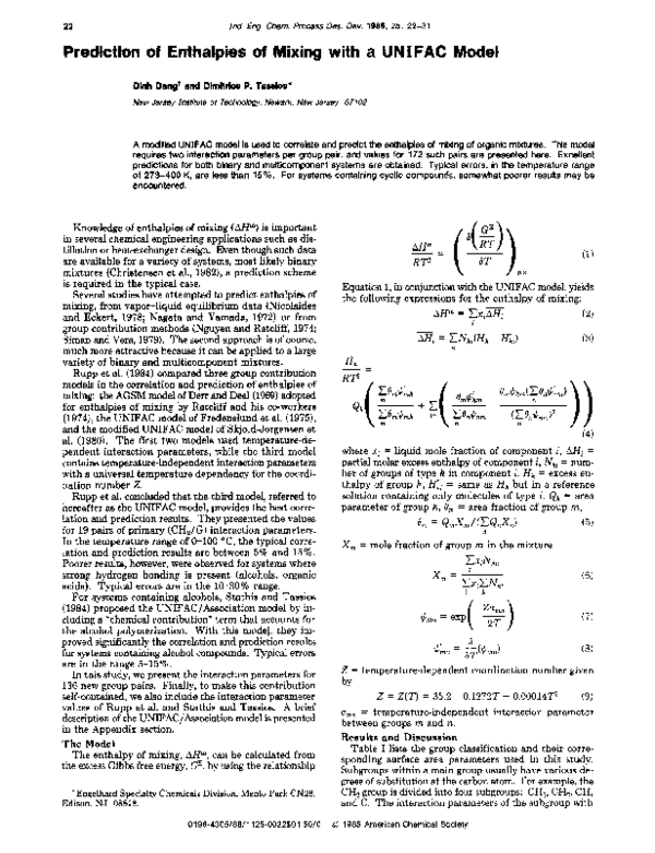 (PDF) Prediction of enthalpies of mixing with a UNIFAC model