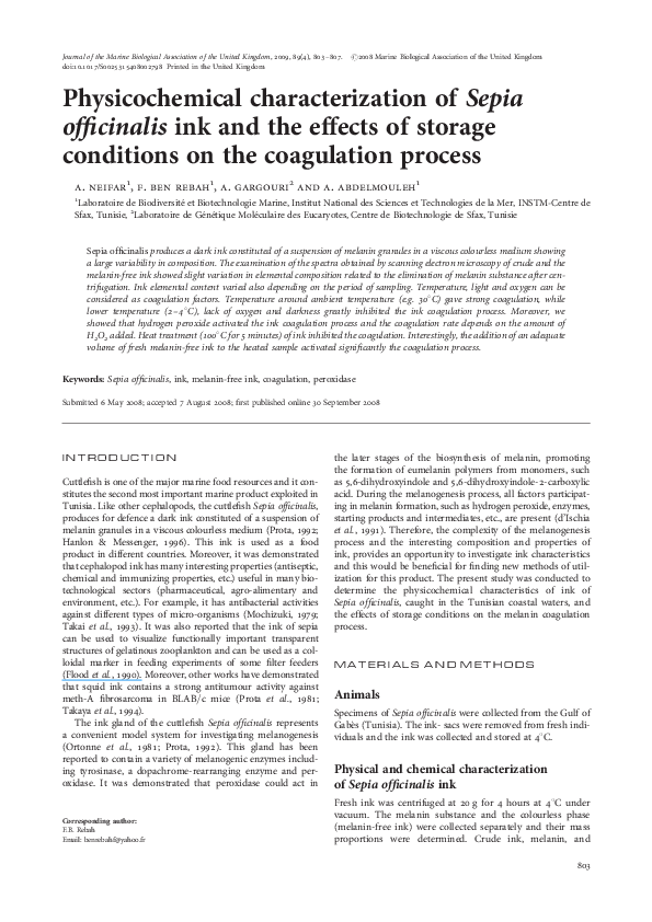 (PDF) Physicochemical characterization of Sepia officinalis ink and the ...
