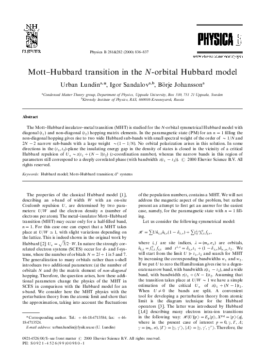 (PDF) Mott–Hubbard transition in the N-orbital Hubbard model