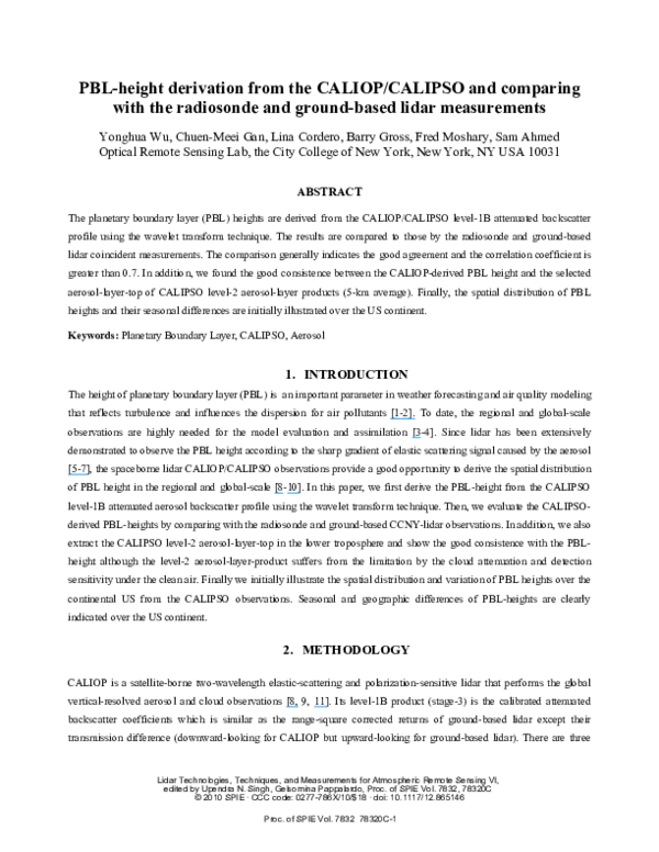 (PDF) PBL-height derivation from the CALIOP/CALIPSO and comparing with the radiosonde and ground ...