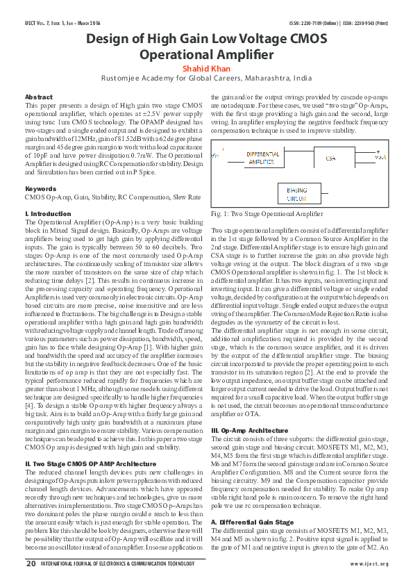 Pdf Design Of High Gain Low Voltage Cmos Operational Amplifier