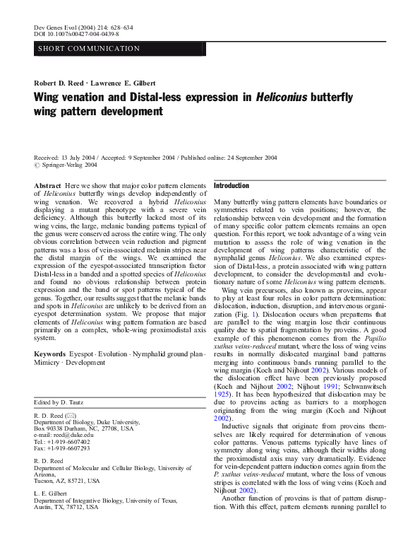 (PDF) Wing venation and Distal-less expression in Heliconius butterfly ...