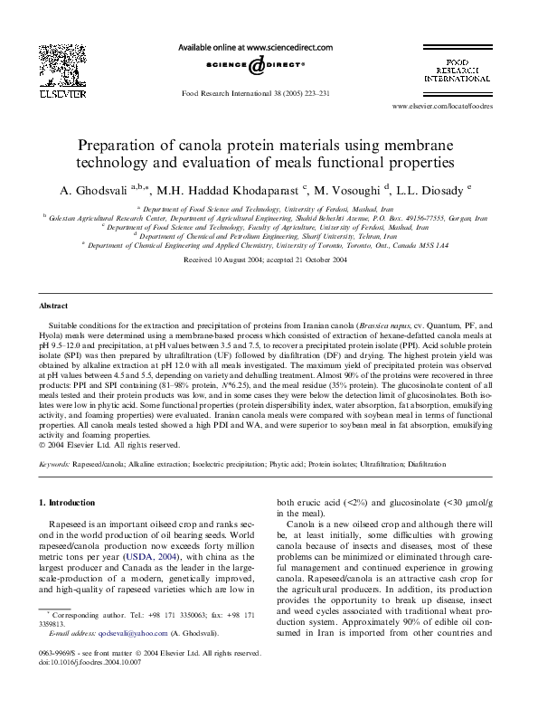 (PDF) Preparation of canola protein materials using membrane technology ...