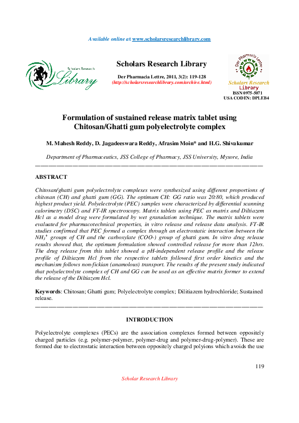 Pdf Formulation Of Sustained Release Matrix Tablet Using Chitosan Ghatti Gum Polyelectrolyte