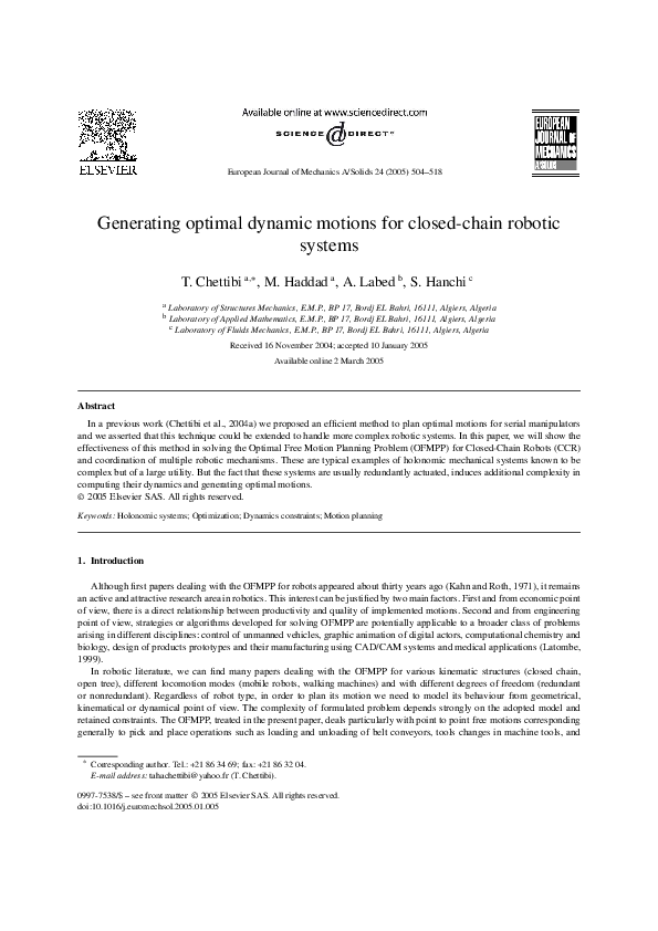 Pdf Generating Optimal Dynamic Motions For Closed Chain Robotic Systems