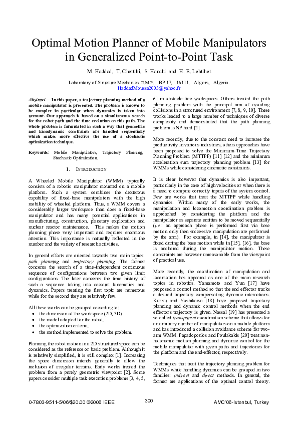 Pdf Optimal Motion Planner Of Mobile Manipulators In Generalized Point To Point Task