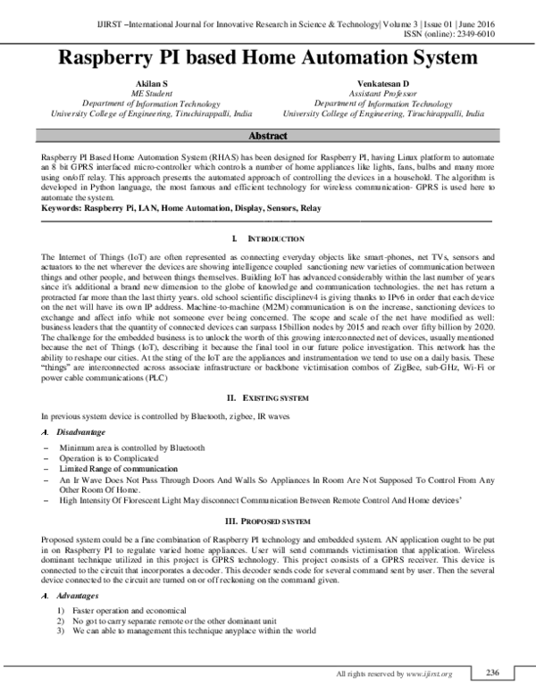 Pdf Raspberry Pi Based Home Automation System Ijirst International Journal For Innovative