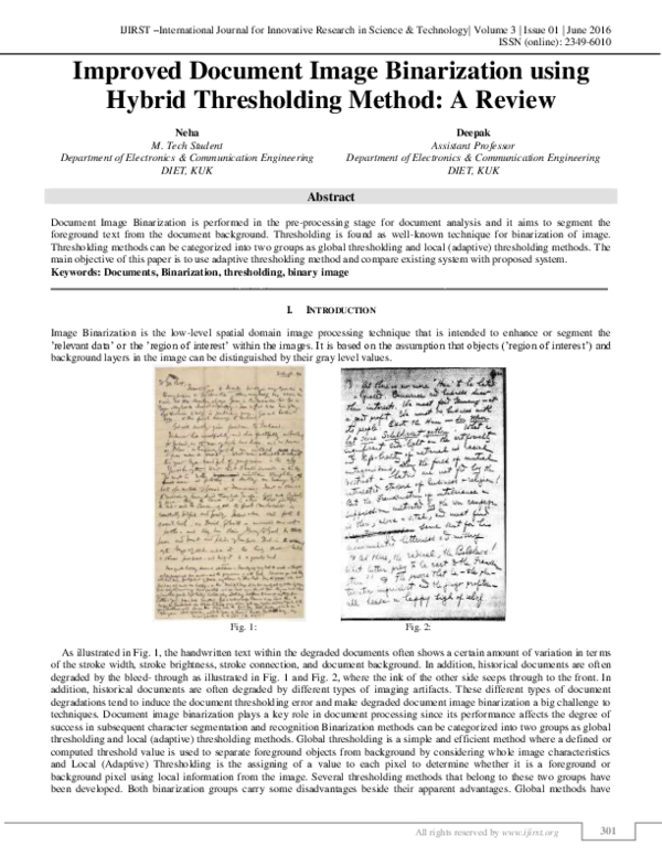 (PDF) Improved Document Image Binarization using Hybrid Thresholding Method: A Review
