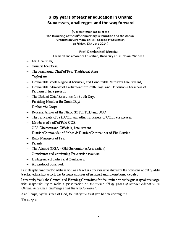 (PDF) Sixty years of teacher education in Ghana: Successes, challenges and the way forward