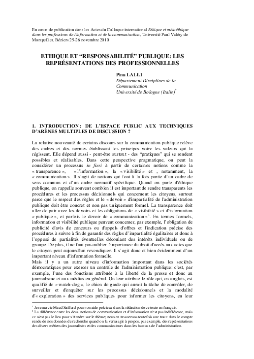 (PDF) Ethique et “responsabilité” publique: les représentations des ...
