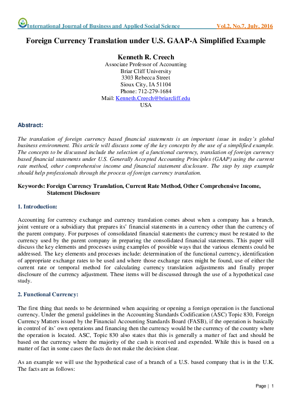 (PDF) Foreign Currency Translation under U.S. GAAP-A Simplified Example