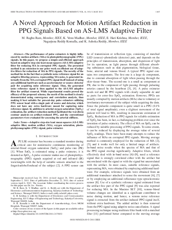 Pdf A Novel Approach For Motion Artifact Reduction In Ppg Signals