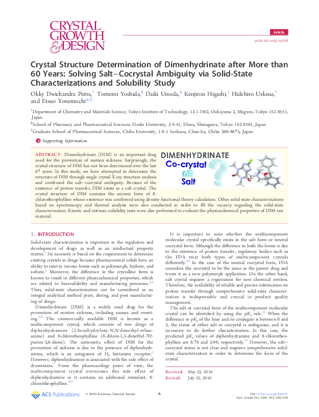 (PDF) Crystal Structure Determination of Dimenhydrinate after More than 60 Years: Solving Salt− ...