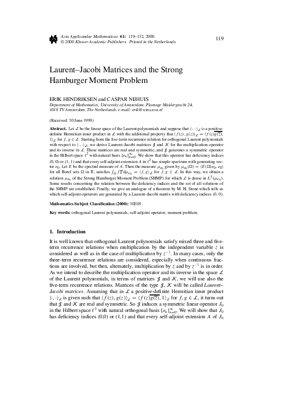 (PDF) Laurent–Jacobi Matrices and the Strong Hamburger Moment Problem