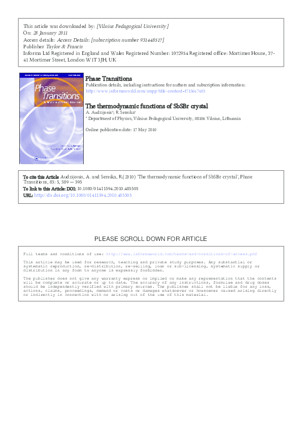 (PDF) The thermodynamic functions of SbSBr crystal